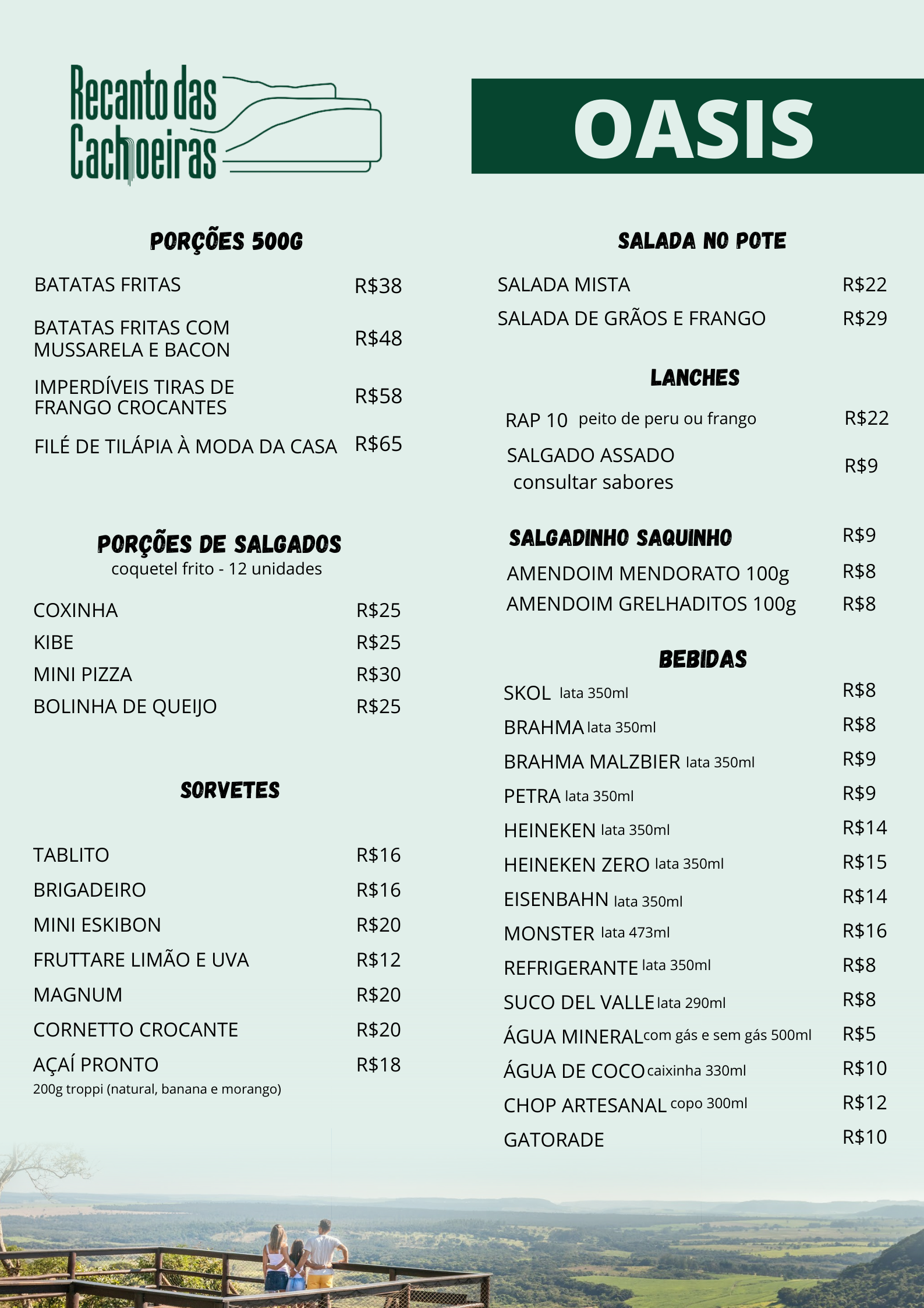 CARDÁPIOS | OASIS | Recanto das cachoeiras